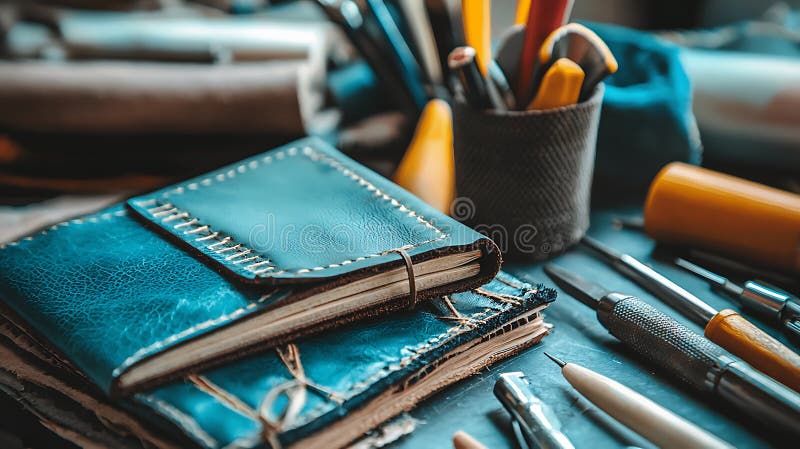 Handmade Leather Journals and Craft Tools on a Workbench Stock Photo ...