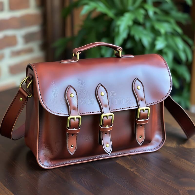 A Handmade Leather Satchel with Brass Buckles Resting on a Table Stock ...