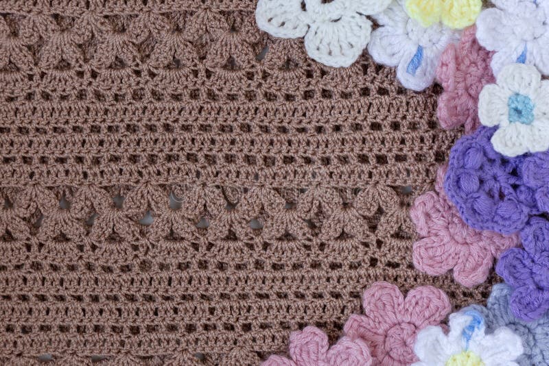 Handmade Light Beige Knitting Macro Fabric Pattern with Crochet Flowers ...
