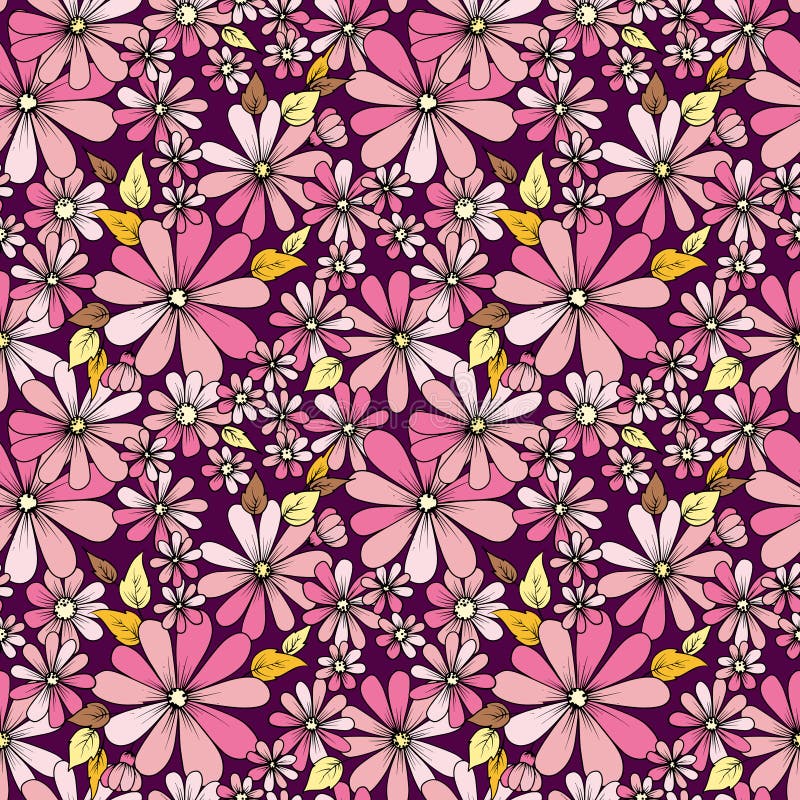 Handmade Linear Drawing of Stylized Daisies, Seamless Floral Pattern ...