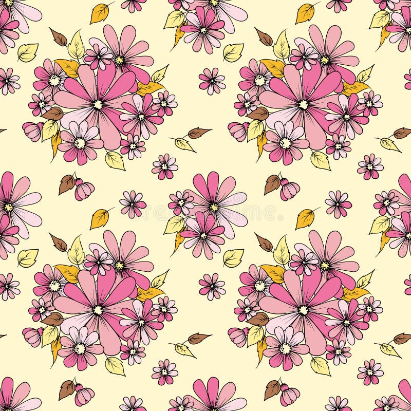 Handmade Linear Drawing of Stylized Daisies, Seamless Floral Pattern ...