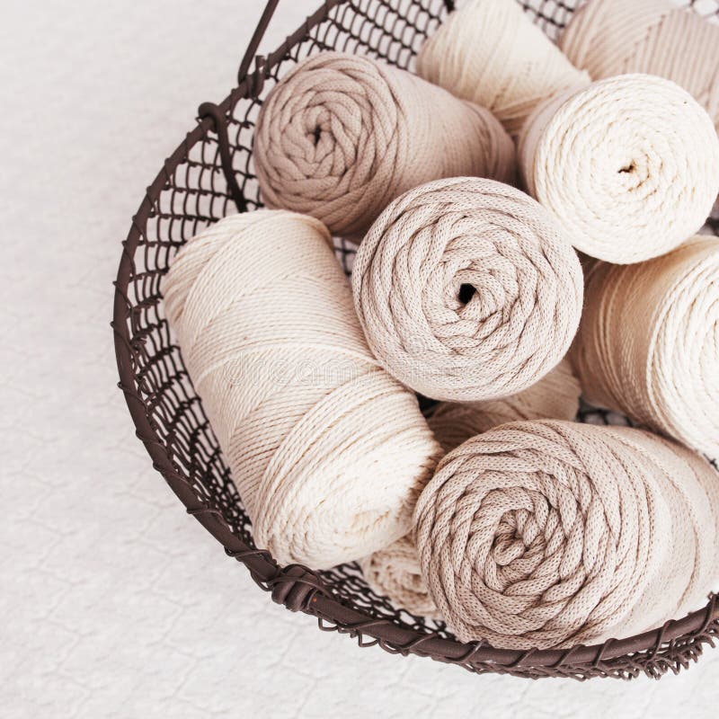 Handmade Macrame Braiding and Cotton Threads in Basket on White ...