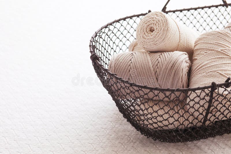 Handmade Macrame Braiding and Cotton Threads in Basket on White ...