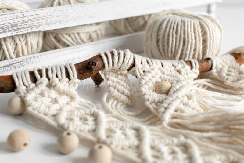 Handmade Macrame Braiding and Cotton Threads on Rustic Wooden Stick ...