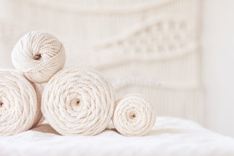 Handmade Macrame Braiding and Cotton Threads on White Background. Light ...
