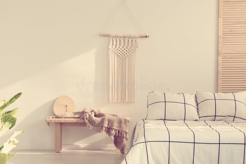 Handmade Macrame on Empty White Wall of Scandinavian Bedroom Interior ...