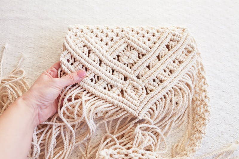 Handmade Macrame Pattern Close Up. Macrame Braiding and Cotton Threads ...