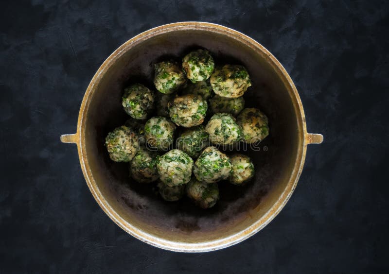 Handmade Meatballs in the Old Cauldron. Top View. Stock Image - Image ...