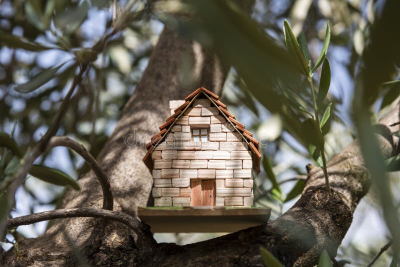 Handmade Miniature House in the Branches of a Tree Stock Photo - Image ...