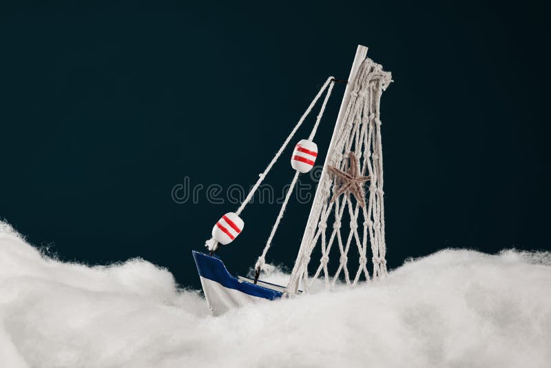 Handmade Miniature Ship Floating on the Cotton Stock Photo - Image of ...