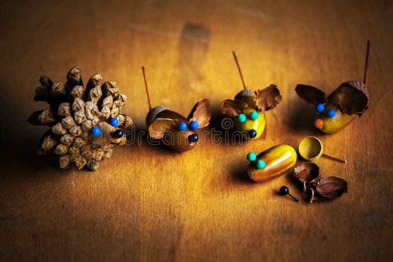 Handmade Mouse Acorn Cone Wooden Table Stock Photo - Image of briar ...