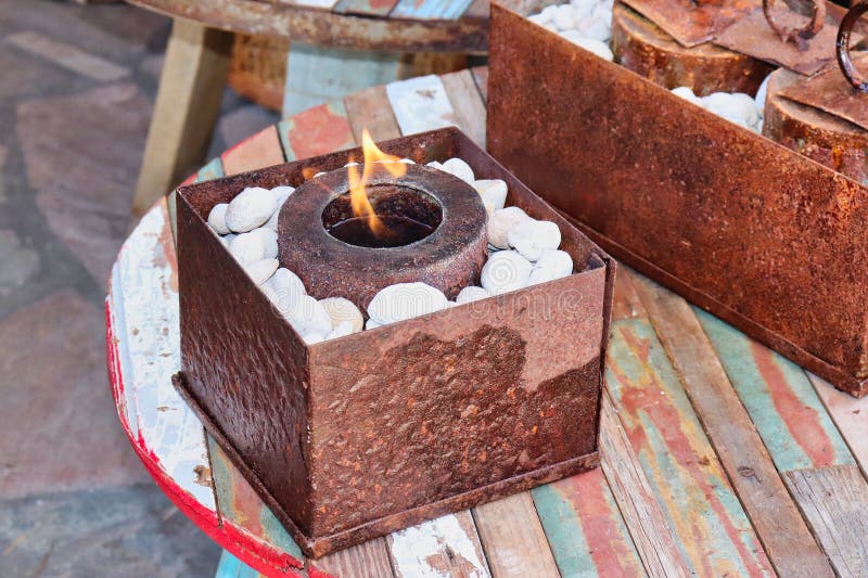 Handmade Oil Lamp Rusty Metal Stock Photo - Image of glasses, flames ...