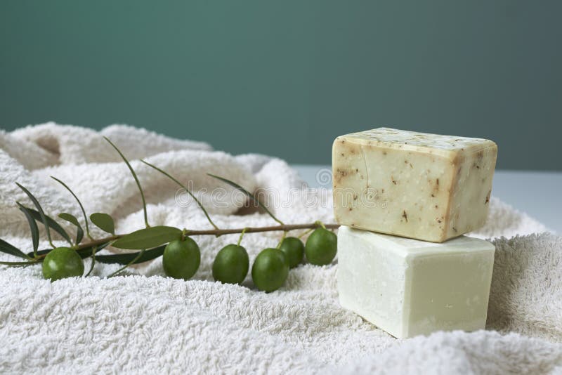 Handmade Olive Soap with Olive Branch and a Towel. Stock Image - Image ...