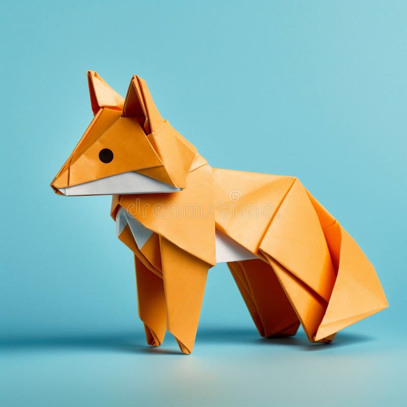 Handmade Orange Paper Fox on Light Blue Background. Generative AI Stock ...