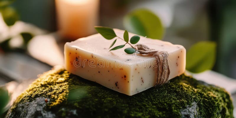 Handmade Organic Soap with Natural Plant Leaf on Moss in Serene Setting ...