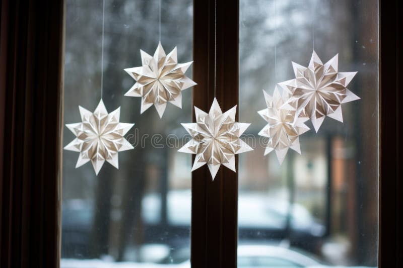 Handmade Paper Snowflakes Hanging in Windows Stock Illustration ...