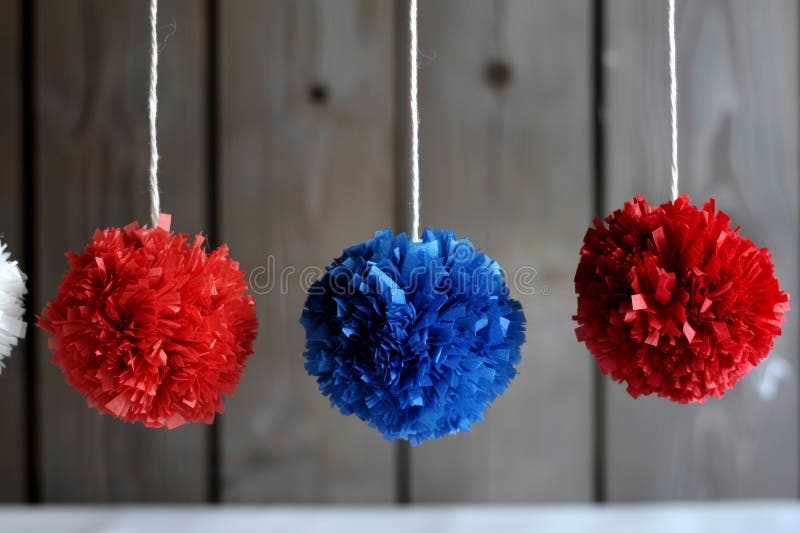 Handmade Party Decorations. Red and Blue Pom-poms Hanging from Ceiling ...