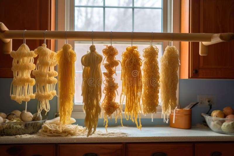 Handmade Pasta Drying on a Rack Stock Illustration - Illustration of ...