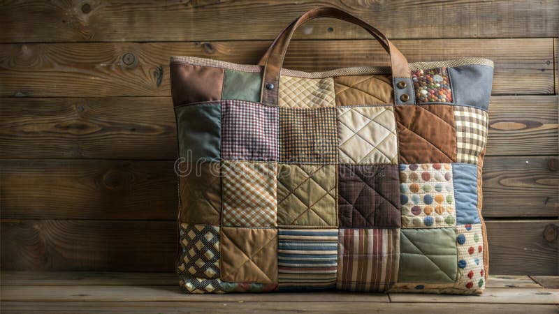 Handmade Patchwork Bag Made from Colorful Quilted Fabric Rustic Wooden Surface. Stock Image ...