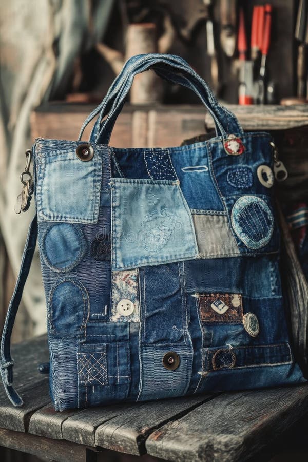Handmade Patchwork Denim Tote Bag with Unique Design and Buttons Stock ...