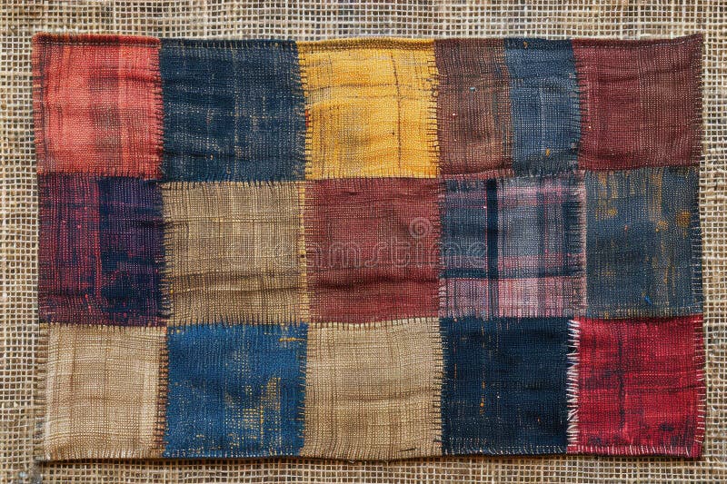 Rustic Patchwork Fabric Textile Background: Handcrafted Beige, Red, Blue and Dark Brown Squares ...