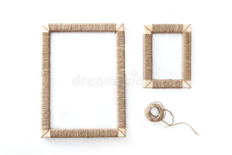 Two Handmade Photo Frames Braided Jute Against Wooden Background Stock ...