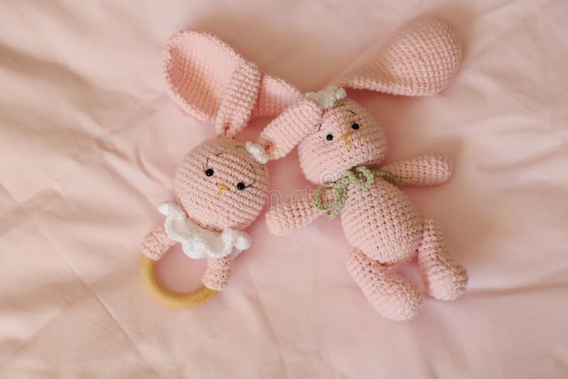 Handmade Pink Bunny on a Pink Background Stock Photo - Image of ...
