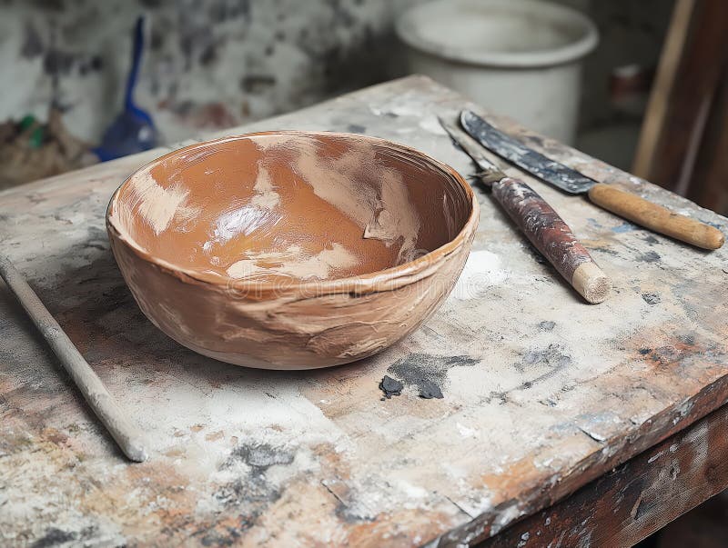Handmade Pottery Bowl Clay Tools Rustic Workshop Table AI Generated ...