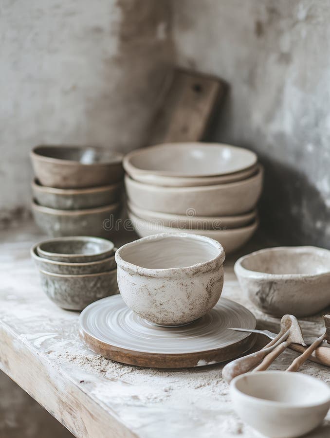Handmade Pottery Bowls with Clay Tools in a Rustic Setting, Perfect for ...