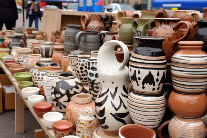 Handmade Pottery and Ceramics on a Market Stall Stock Illustration ...