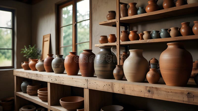 Handmade Pottery in a Cozy Artisan Shop Stock Illustration ...