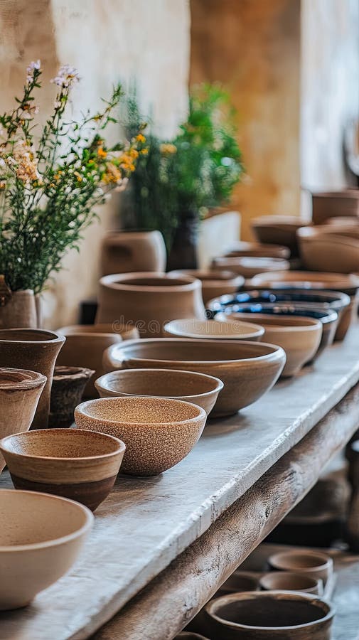 A Handmade Pottery Display with Beautiful Bowls and Vases. Pic Stock ...
