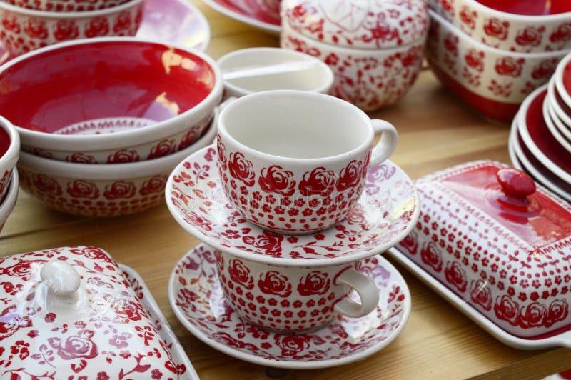 Handmade Pottery with Red Pattern Stock Photo - Image of butterdish ...