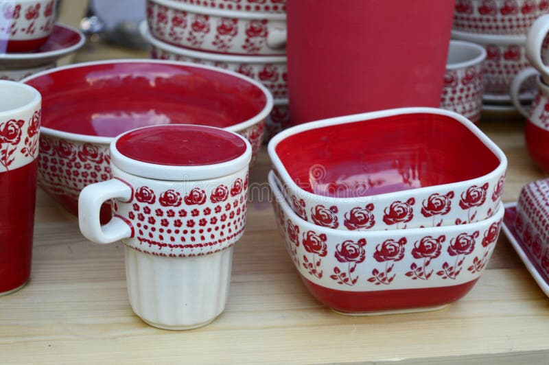 Handmade Pottery with Red Pattern Stock Image - Image of decor ...
