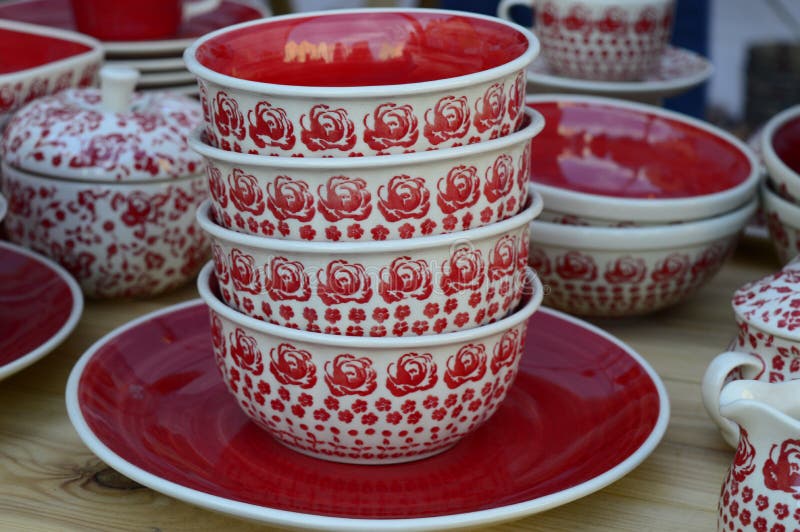 Handmade Pottery with Red Pattern Stock Image - Image of handmade ...