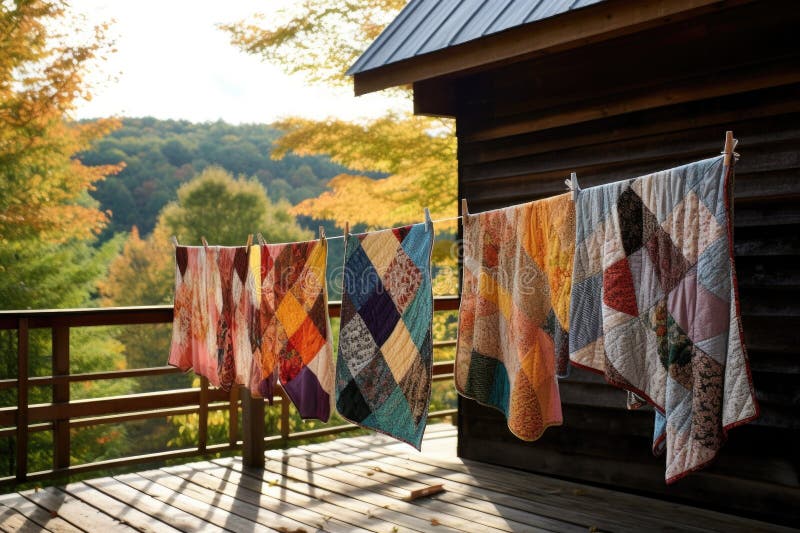 Handmade Quilt Drying on Rustic Clothesline Stock Illustration ...