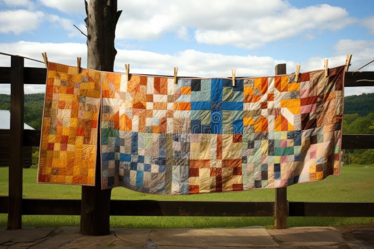 Handmade Quilt Drying on Rustic Clothesline Stock Illustration ...