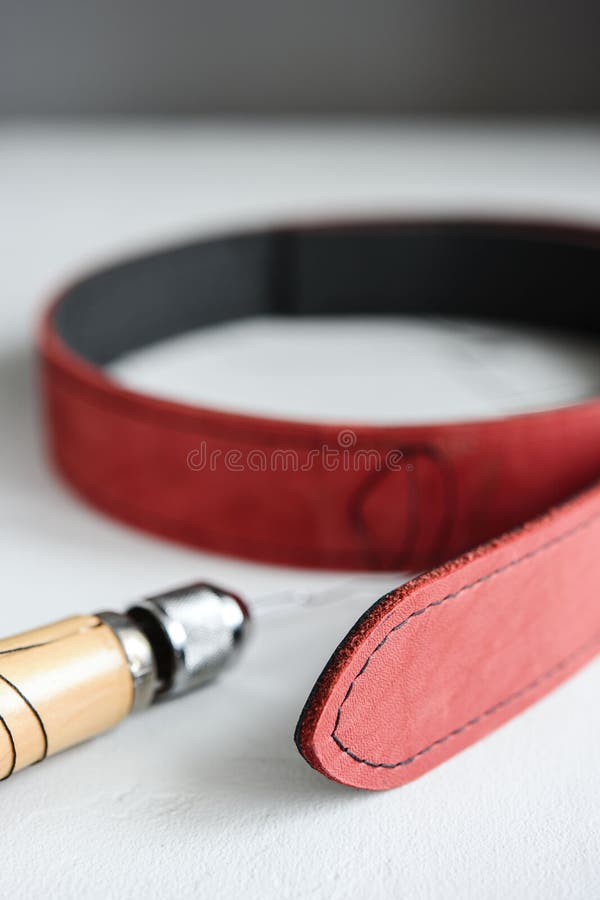 Handmade Red Leather Belt Sewing with Awl Stock Photo - Image of making ...