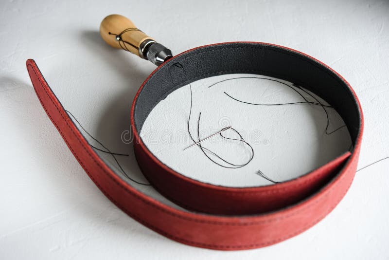 Handmade Red Leather Belt Sewing with Awl at Table Stock Image - Image ...