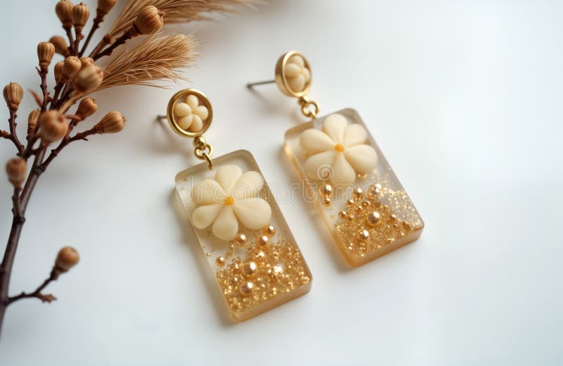 Handmade Resin Earrings with Elegant Design. Delicate White Flowers Inside Rectangular Resin ...