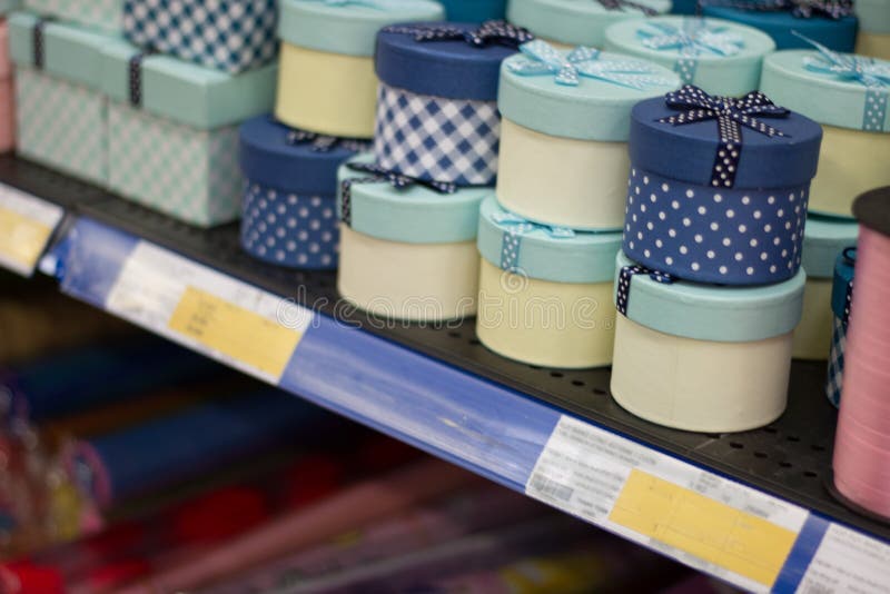 Handmade Round Paper Boxes on the Shelf in the Supermarket. Wide Range ...