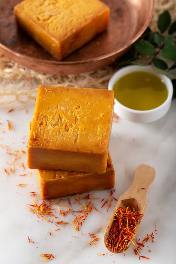 Handmade Saffron Soap with Saffron Spices Threads on Marble Stock Image ...