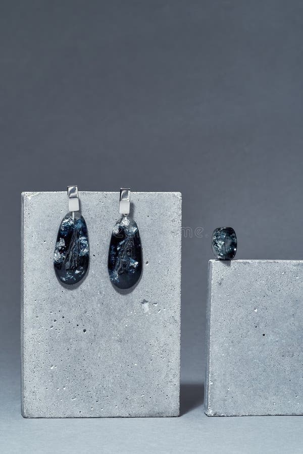 Handmade Set of a Ring and Dangle Teardrop Earrings Made of Dark Blue ...