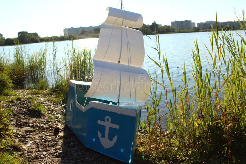 Handmade Ship Made of Cardboard Stock Image - Image of blue, embankment ...