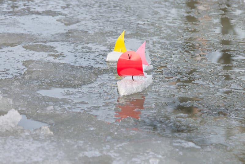Handmade Ships in the Spring Water Puddle Stock Photo - Image of boot ...