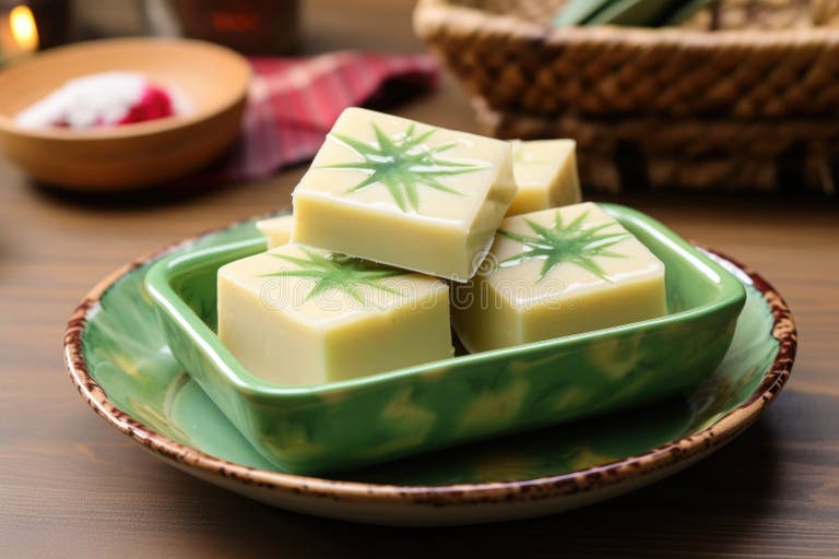 Handmade Soap Bar with Aloe Vera Chunks Inside, Placed on a Ceramic ...