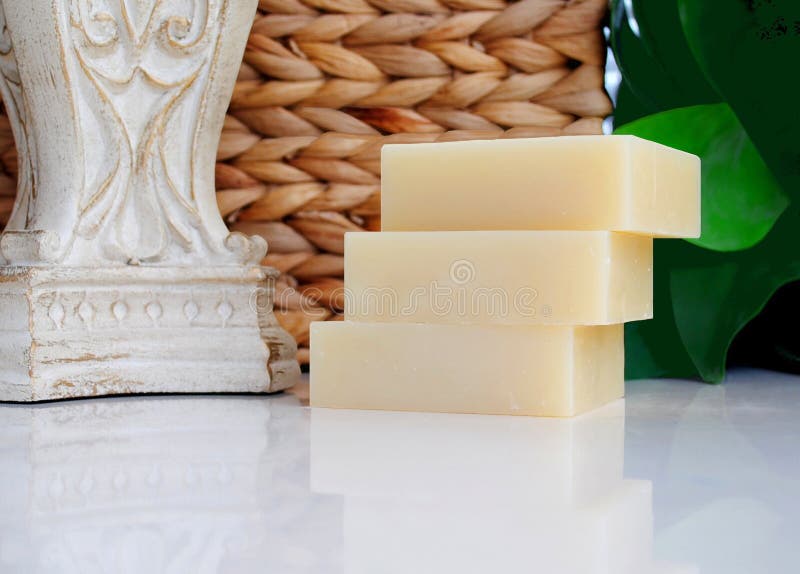 Handmade Soap Bars with Basket, Plant and Candlestick Stock Image ...