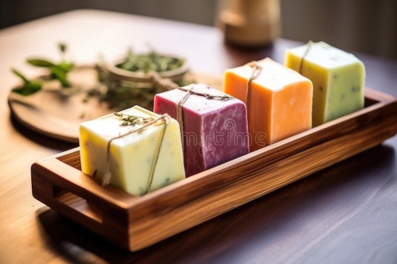 Handmade Soap Bars on a Wooden Tray Stock Image - Image of bath ...