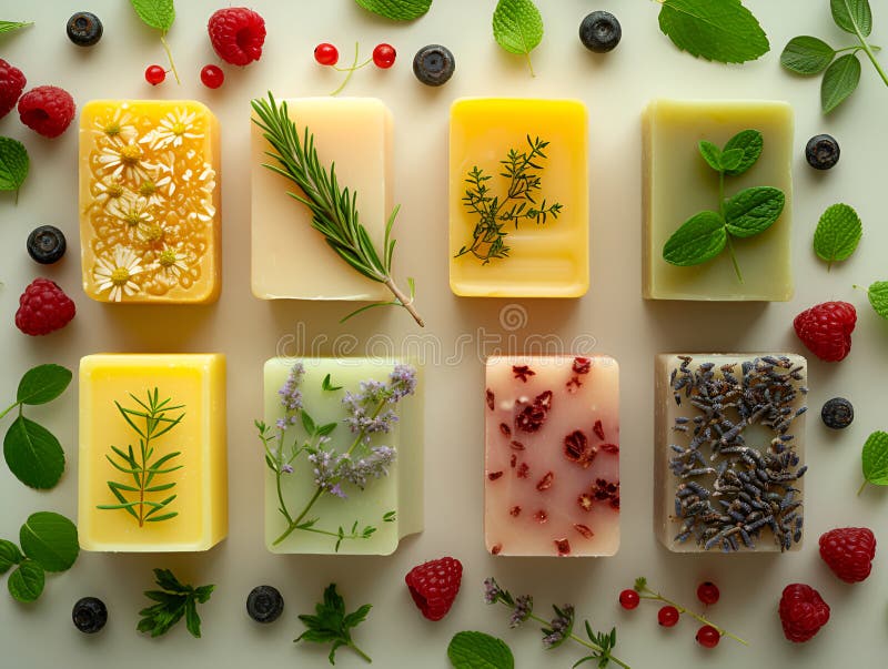 Handmade Soap Collection with Botanical Patterns, Surrounded by ...