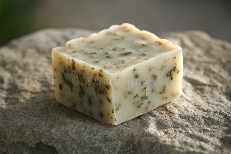 Handmade Soap Featuring Embedded Herbs is Placed on a Natural Stone ...